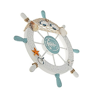 Rienar Nautical Beach Wooden Boat Ship Steering Wheel Fishing Net Shell Home Wall Decor White - Fish
