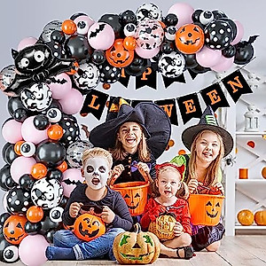 Halloween Balloon Arch Garland Kit,133pcs Halloween Balloons with Pink Black Orange Balloon Arch Kit with Bat Balloons for Halloween Party Decoration…