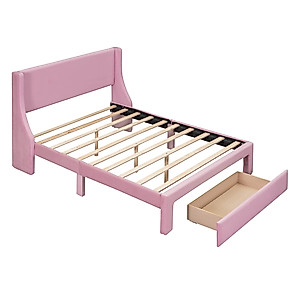 Anwickhomk Queen Size Fabric Upholstered Platform Bed Frame, Modern Upholstered Platform Bed with Headboard, with Big Storage Drawer,Heavy Duty Bed Frame with Wood Slat Support, Pink