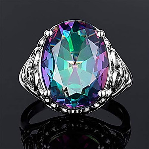 SzjinAo Women Sterling Silver 6ct Round Mystic Fire Rainbow Topaz Stone Vintage Design Engagement Jewelry Valentine's Day New Year Ring (7-)