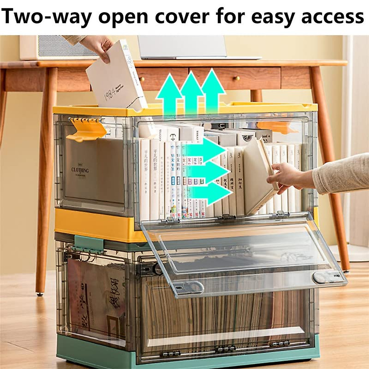 Gemdeck Large Plastic Clear Stackable Folding Storage Bins with Lids and Wheels 56L Collapsible Closet Organizer Storage Box