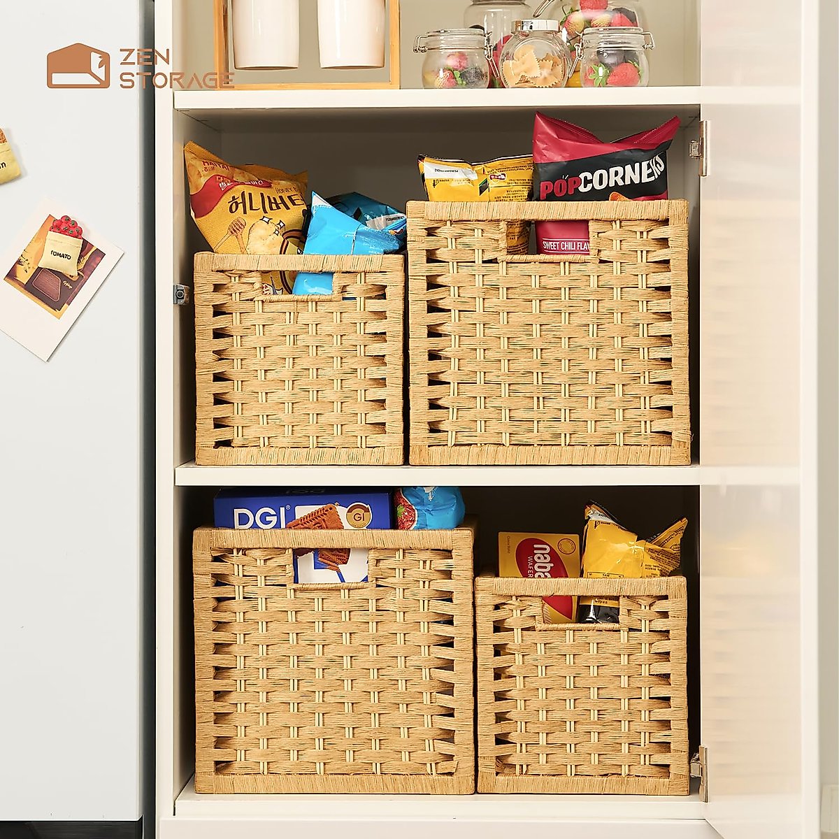 Wicker Basket with Built-In Handle, Handmade Square Wicker Basket for Shelf, Paper Wicker Cube Storage Bins for Book/Magazine/Blanket/Toy/Snack, Set of 2, Small and Large, 11.8 * 11.8 * 11.2 Inch