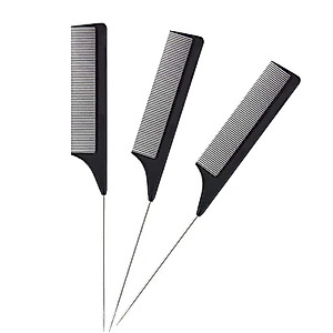1 Pack Professional Carbon Steel Tail Combs Heat Resistant with Metal Pick, Anti Static Black Styling Tail Hair Comb Fine Teeth, Metal Pintail Teasing Comb Brush