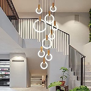 JAYMP 10 Rings Stair Chandelier High Ceiling Modern LED Acrylic Circle Wooden Nordic Art Pendant Lighting Long Chandeliers White Living Room Restaurant Hotel Hallway Entrance Staircase