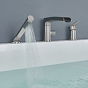 Wowkk Waterfall Roman Tub Faucet Brushed Nickel Deck Mount Bathtub Faucets Brass Tub Filler Bathroom Faucets with Hand Shower