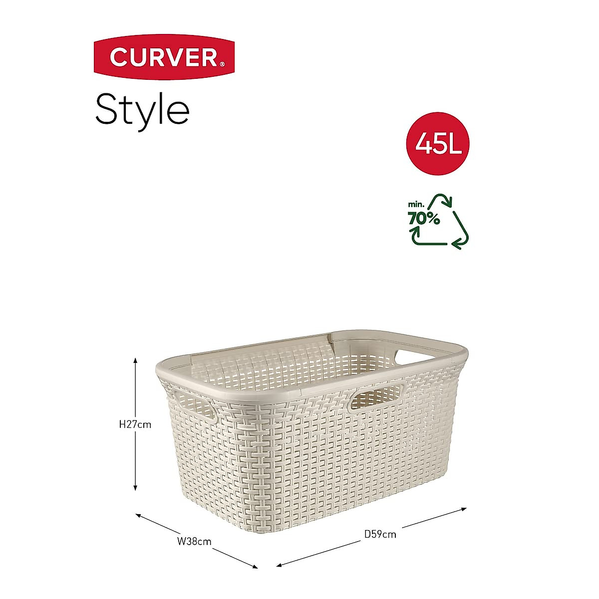 Curver 708 Off White Faux Rattan Laundry & Washing Basket 45L
