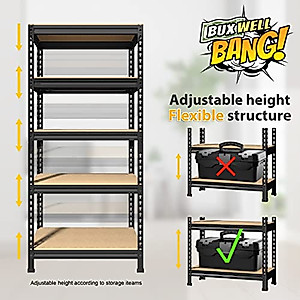 BuxWellBang 5-Shelf Heavy Duty Shelving - Adjustable Garage Storage Shelves, Metal Utility Storage Racks for Warehouse Pantry Basement Kitchen, Garage Organizers Shelf Unit, Black