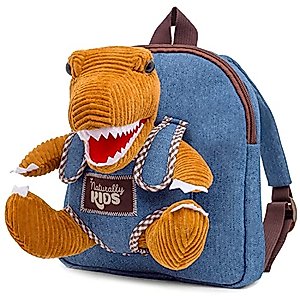 Naturally KIDS Mini Dinosaur Backpack - Dinosaur Toys for Kids Age 2 - Very Small Toddler Backpack for Boys Girls w Stuffed Animals - Little Backpack w Brown Corduroy T Rex