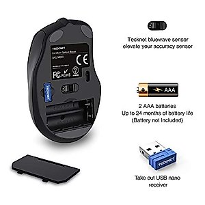 TECKNET Wireless Mouse, 2.4G Ergonomic Optical Mouse with USB Nano Receiver for Laptop, PC, Computer, Chromebook, Notebook, 6 Buttons, 24 Months Battery Life, 2600 DPI, 5 Adjustment Levels