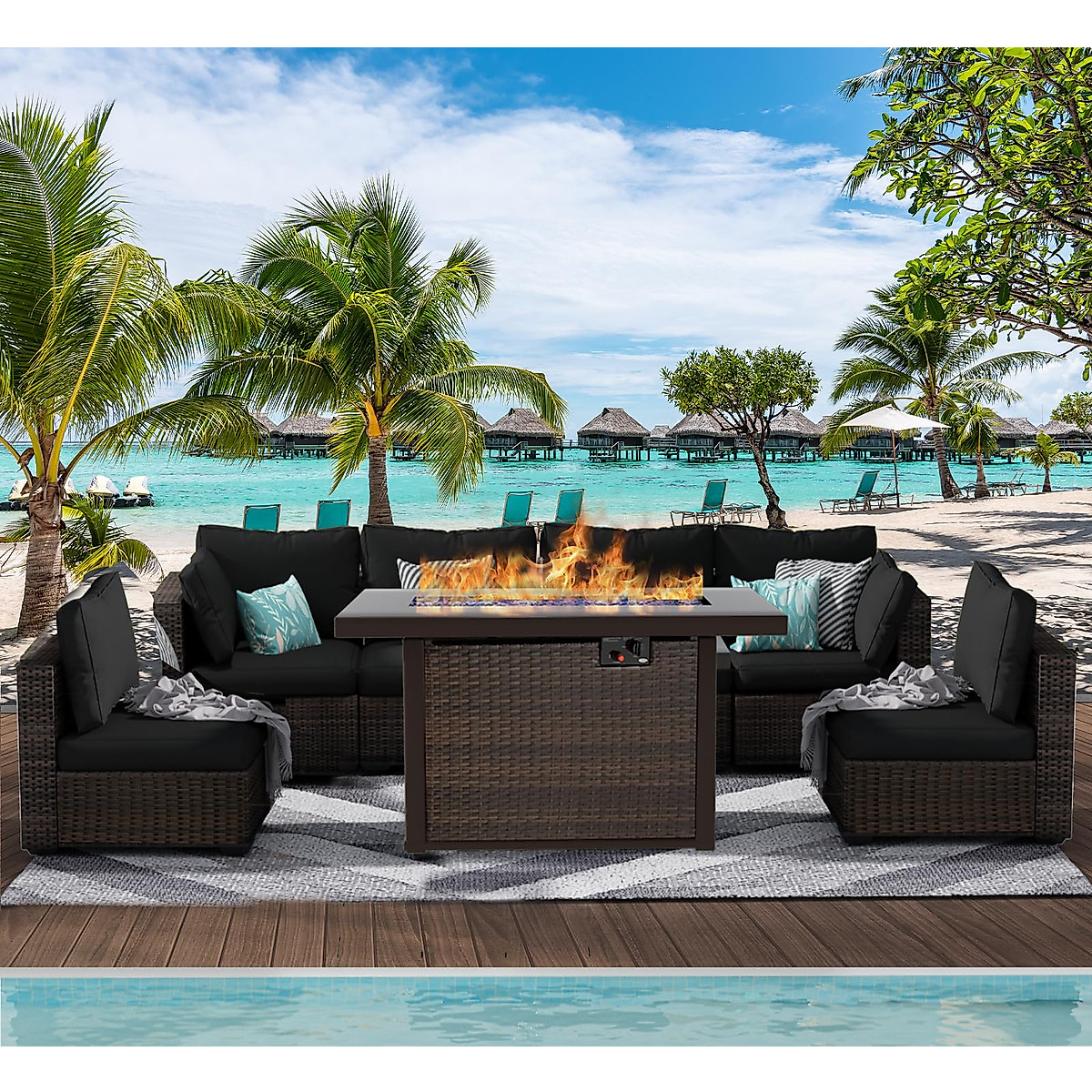 7 Piece Patio Furniture Set with Fire Pit Table, Rattan Outdoor Sectional Patio Conversation Sets with Seat Cushions for Backyard Deck Balcony Lawn and Garden, Black