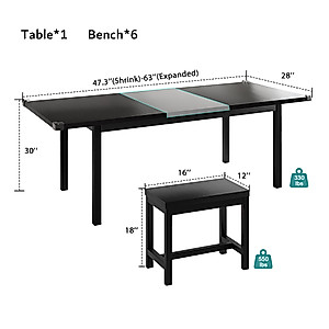 iPormis 7-Piece Dining Table Set with 6 Stools, 63" Extendable Kitchen Table Set for 4-8, Modern Dining Room Table with Sturdy Metal Frame, Space-Saving Dinette, Black