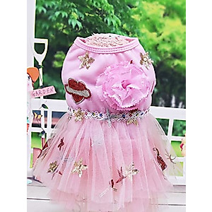 QWINEE Sequin Patch & Flower Decor Dog Dress Cat Puppy Sleeveless Mesh Princess Dress Breathable Soft Bling Pet Tutu Skirt Dresses for Small Medium Large Dogs Cats Kitten Light Pink S