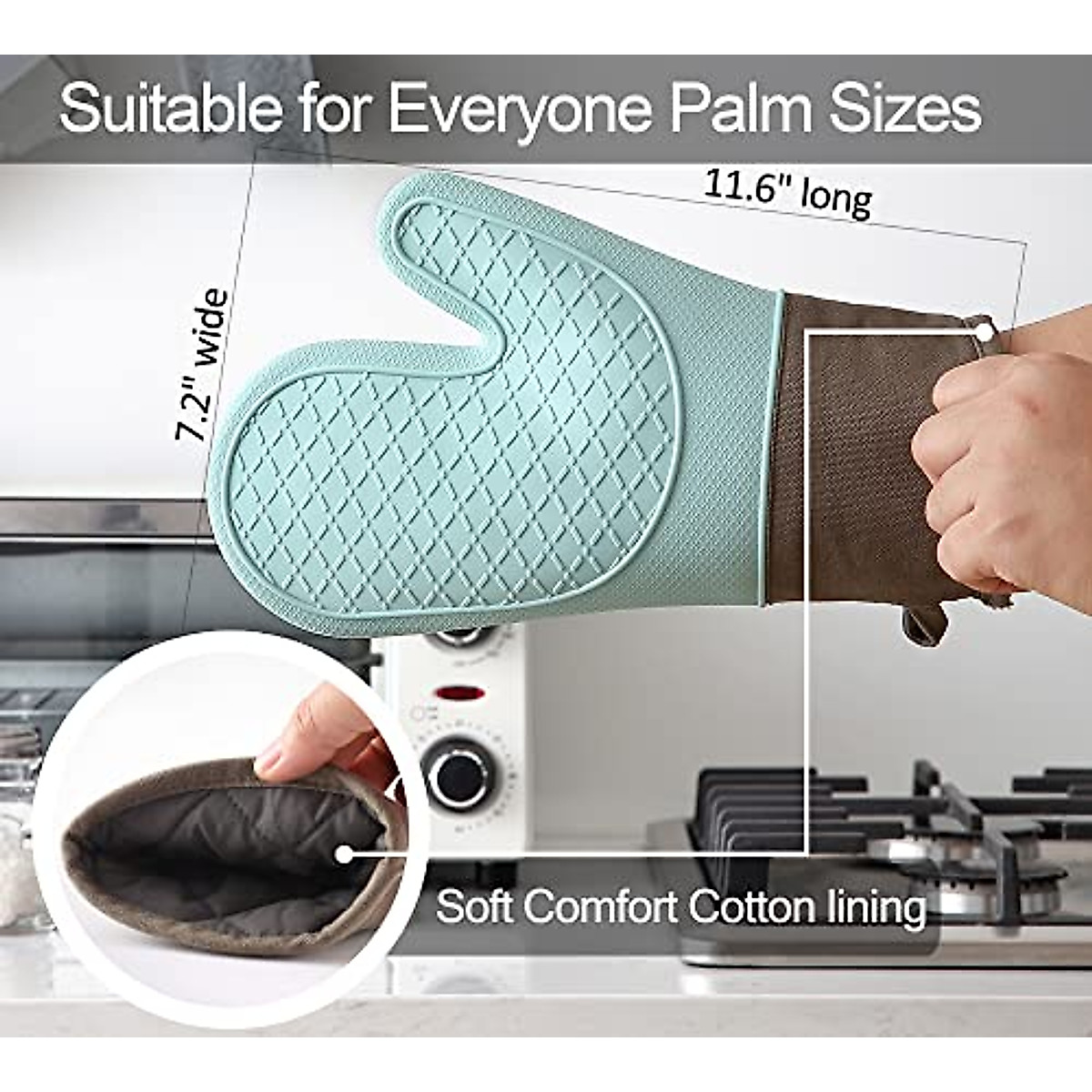 Domonic Home Oven Mitts and Pot Holders Sets, Silicone Oven Mitts Heat Resistant 600F, Oven Mitt Set Soft Lining Good Grip, Oven Gloves and Trivet Mats 4 Piece Set, Aqua Sky