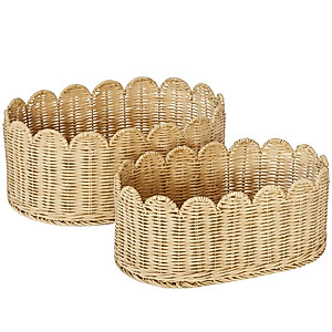 BEBE BASK Scalloped Basket Set Of 2 - Hand Woven Scallop Basket - 16 x 10 x 7 In - Scalloped Wicker Basket - Scalloped Edge Basket - Scalloped Storage Basket (Natural)