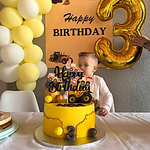 1 PCS Construction Happy Birthday Cake Topper Glitter Construction Cake Pick Dump Truck Excavator Tractor Cake Decorations for Construction Theme Baby Shower Kids Birthday Party Supplies Black