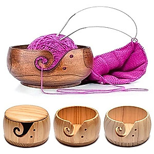 gofidin Craft DIY Arts with Handmade Holes Knitting Crochet Weaving Tool Wool Holder Organizer Wooden Yarn Bowl Woolen Knitting Storage Basket(2)