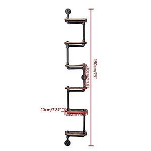 6-Tiers Rustic Floating Wood Shelves Industrial Rustic Iron Pipe, Industrial Bookshelf Modern Ladder Shelf, Vintage Metal Pipes and Wood Shelves, Rustic Display Bookshelf for Storage Collection