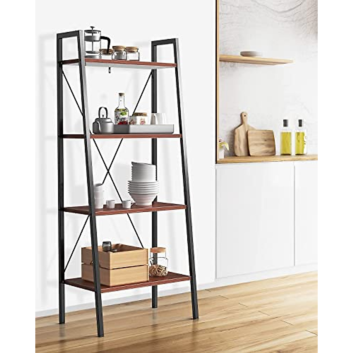 FURNINXS Ladder Shelf Bookcase, Bookshelf 4 Tier, Industrial Standing Shelf Storage Rack Storage Organizer Plant Stand, Steel Frame Book Shelf for Living Room/Bedroom/Kitchen/Bathroom - Red Brown