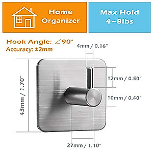 Jekoo Adhesive Hooks, Hooks for Hanging Wall Hanger Towel Hooks Heavy Duty Ideal for Bathroom Shower Kitchen Home Door Closet Cabinet Stainless Steel - 4Packs