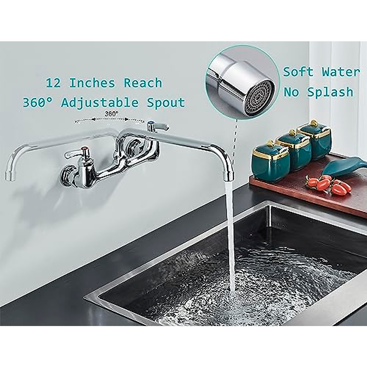 𝗚𝗺𝘂𝘀𝗿𝗲 𝗖𝗼𝗺𝗺𝗲𝗿𝗰𝗶𝗮𝗹 𝗞𝗶𝘁𝗰𝗵𝗲𝗻 𝗙𝗮𝘂𝗰𝗲𝘁 Wall Mount 8 Inch Center Kitchen Sink Faucet with 12 Inch Swivel Spout 2-Handle Faucets for Kitchen Home Restaurant Chrome Polished