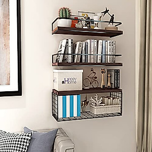 Floating Shelves Wall Mounted with Storage Basket and Protective Guards,Bathroom Shelves Over Toilet,Rustic Wood Shelves for Bedroom,Living Room,Kitchen,Wall Decor,Plants,Books-Dark Brown