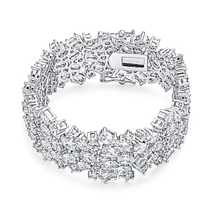 Bling Jewelry Elegant Formal AAA CZ Wide Statement Bracelet for Women, Prom, Wedding or Bridal Occasions Multi Row Big Oval Cubic Zirconia Cluster Design Silver Plated