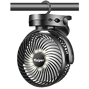 Viniper 6 inch Rechargeable Clip Fan with LED Light, 10000mah Battery Camping Hanging Fan : 360° Rotation, 3 Speeds, Also Use As Power Bank, Tent Personal Fan with Hanging Hook - Black