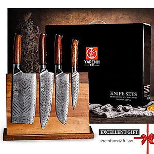 YARENH Knife Set with Magnetic Block 5 Piece, Professional Kitchen Knife Set, 73 Layers Damascus High Carbon Stainless Steel, Natural Sandalwood Handle, Sharp Chef Knife