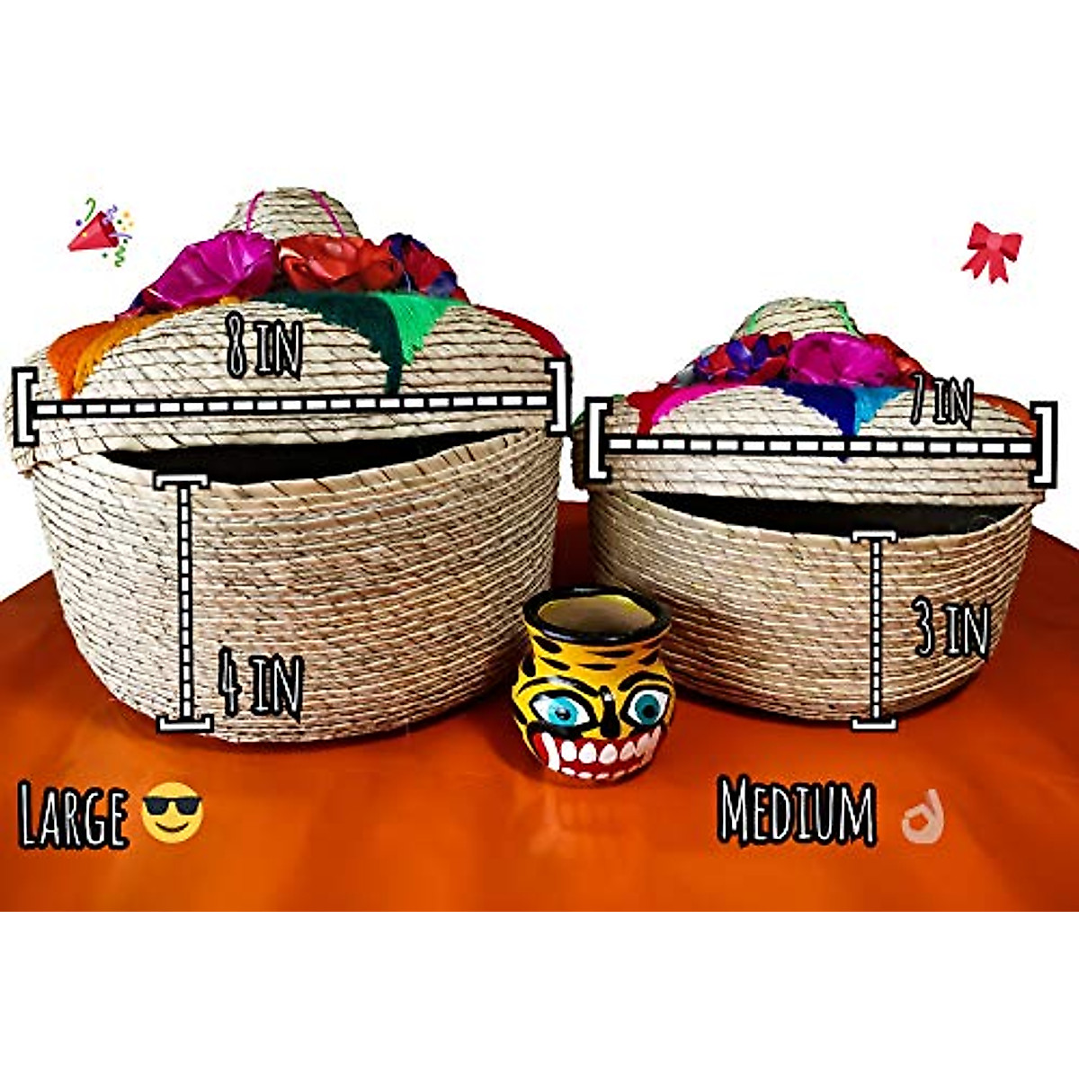 Jacq and Jürgen Tortillero Sombrero and Pancake Handwoven Basket and Handloomed Tortilla Cloth 2 Pack Warmer Keeper Bundle 100 percent Palm Mexican Art - Multicolor (Multicolor3), Medium and Large.