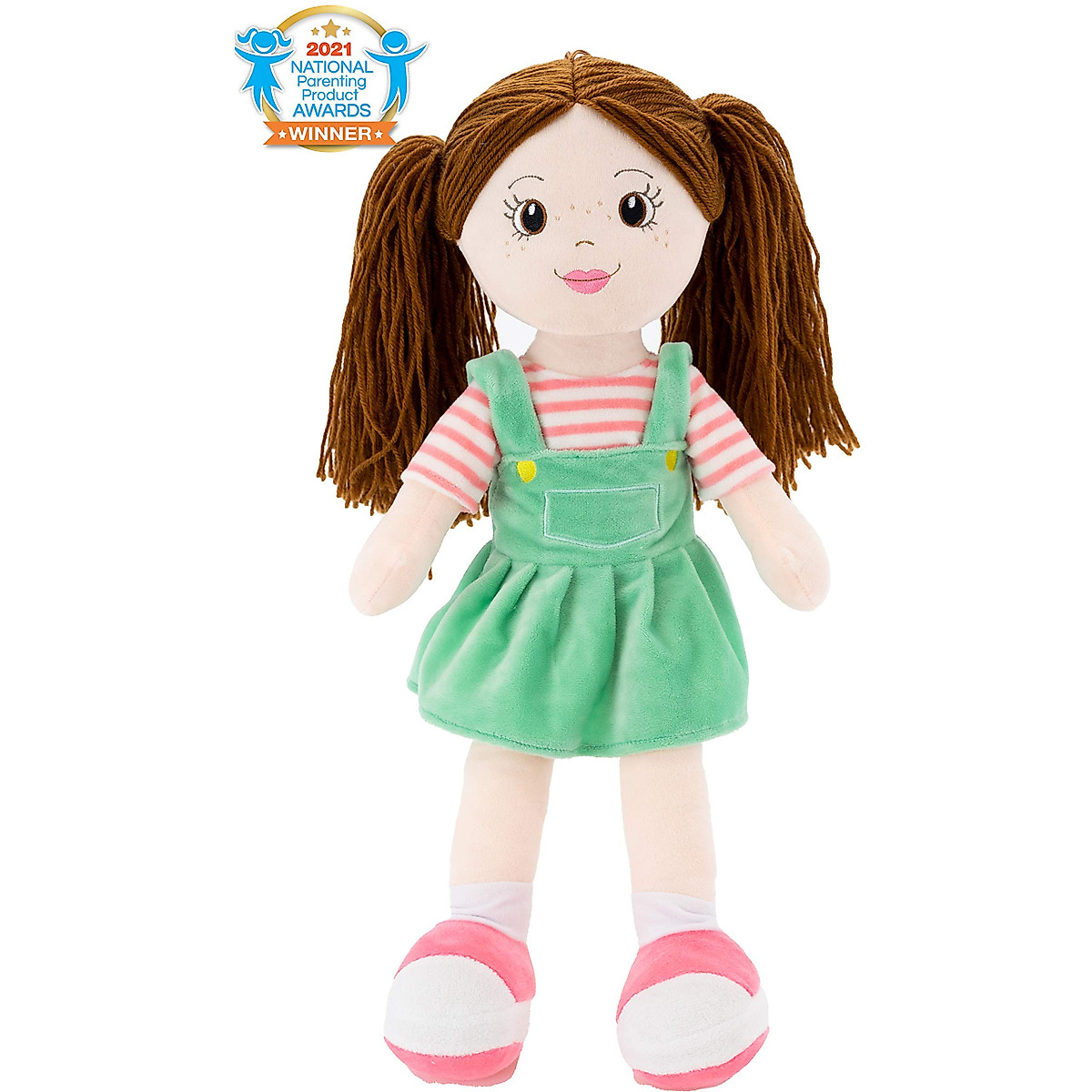 Plushible Soft Baby Doll - 18 Inch Rag Dolls for Girls, Infants & Babies - My First Plush for 1 Year Old - Brown Yarn Hair - Girl Toys - Allie