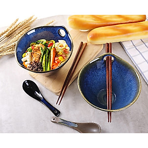 WHJY 20oz Ceramic Japanese Ramen Bowl set,with Chopsticks & Spoon, Porcelain Bowl for Soup, Noodle, Udon and Soba, Noodle Bowl