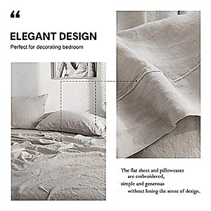 Simple&Opulence 100% Washed Linen Sheet Set-Queen Size-Natural France Flax Bed Sheet-4 Pcs Breathable,Ultra Soft,Farmhouse Bedding (1 Flat Sheet,1 Fitted Sheet,2 Pillowcases)-Embroidery Linen