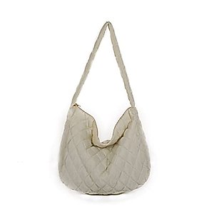 Women Shoulder Bag Lattice Pattern Shoulder Bag Large Capacity Tote Bags Space Cotton Quilted Shopper Bag(white)