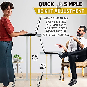 NEWBULIG Mobile Laptop Overbed Table Adjustable Height Small Rolling Sit Stand Desk, Teacher Podium with Wheels, 19" D x 25.7" W, White