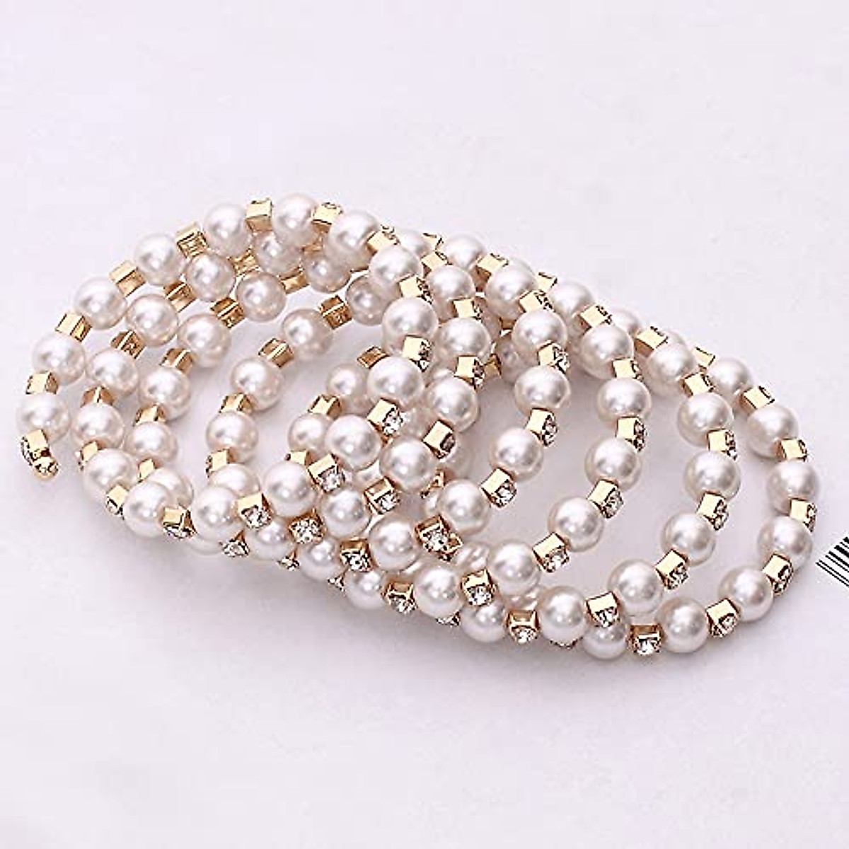 Asphire Vintage Great Gatsby Pearl Bracelet Multi-Layered Chunky Pearl Crystal Elastic Bangle Bridal Wedding Jewelry 1920s Flapper Prom Party Costume Accessories for Women, Gold
