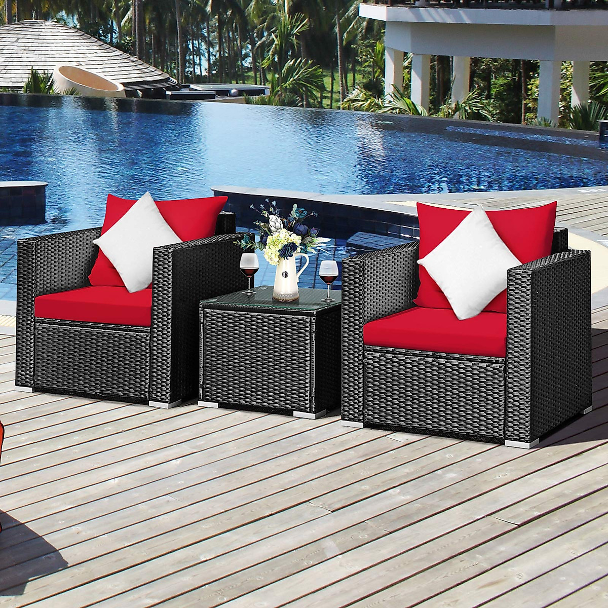 Tangkula 3 Pieces Patio Furniture Set, PE Rattan Wicker Sofa Set w/Washable Cushion and Tempered Glass Tabletop, Outdoor Conversation Furniture for Garden Poolside (Red)