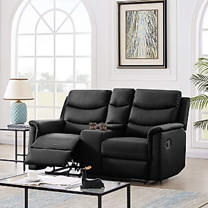 Faxu Leather Love Seat Recliners, Manual Double Reclining Loveseat Sofa, Home Theater Seating with Storage Console, Wall Hug RV Couch with Cup Holders for Living Room Furniture Sets