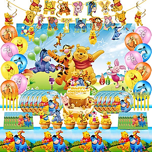 Winnie The Pooh Birthday Party Supplies, Include Banner, Background, Hanging Swirls Decorations, Latex Balloons, Plates, Cutlery, Napkins,Great Birthday and Baby Shower Tableware and Decorations Set
