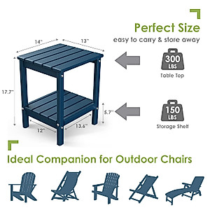 GREENVINES Adirondack-Outdoor-Side-Table | Set of 2 | 14 x 13 Inches | HDPE Plastic | All Weather | Blue | Outside End Tables | Storage Shelf | for Patio Porch Backyard Indoor