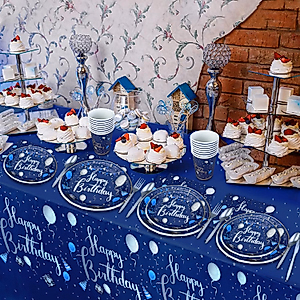 Navy Blue Birthday Party Decorations with Silver Stamped Tableware Set includes; Starry Theme Tablecloth, 9" and 7" Plates, Cups, Napkins, Utensils and Happy Birthday Banner -24 Guest