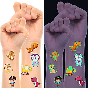 EGMBGM 30 Sheets Animals Glow in The Dark Temporary Tattoos For Kids Boys Girls Teens, Dinosaur Construction Pirate Space Astronaut 3D Glowing Fake Glitter Luminous Tattoo Stickers Toddler Children