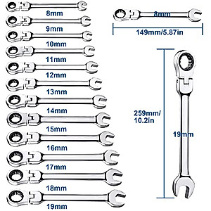 TR TOOLROCK 12pcs Flex Head Ratcheting Wrench Set- 8-19mm Metric Ratchet Combination Wrenches CrV Gear Spanner Set