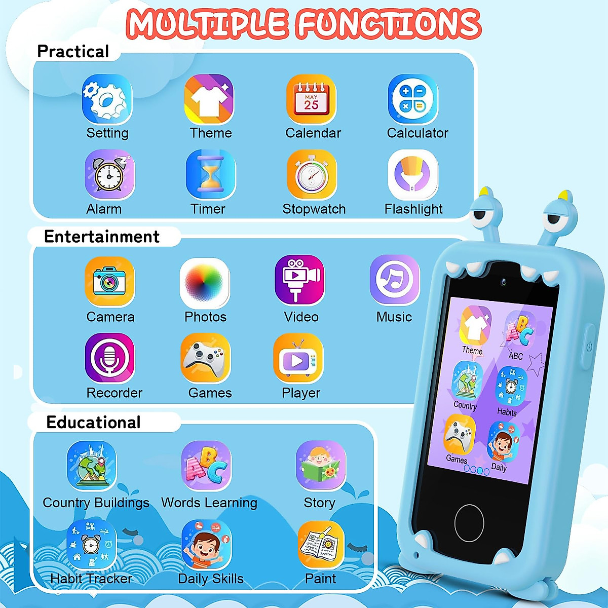 Diswoe Kids Smart Phone for Boys and Girls Dinosaur Toys 3 4 5 6 7 8 9 Years Old Touchscreen Cell Phone with 8GB SD Card and Multi APPs for Learning, Christmas Birthday Gifts for Kids Age 6-8