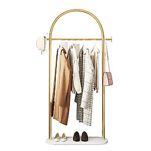 Gold Clothing Rack, Modern Clothes Rack with Marble Base, Heavy-duty Coat Racks Freestanding for Boutiques, Can Hang Jacket Garment, Hat, Scarf, Organize Shoes 31.5” W