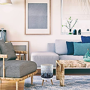 Small Trash Can with Lid Geometric abstraction of hexagons on a blue relief with gold elements Waste Bin with Wood Legs Press Cover Wastebasket Round Garbage Bin for Kitchen Bathroom Bedroom Office