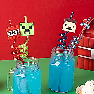 NITELUO 24Pcs Miner Craft Birthday Party Supplies Reusable Drinking Straws,8 Designs Pixel Themed Party Favors with 2 Cleaning Brush MWXG