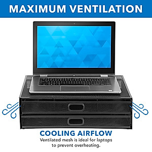 MOUNT-IT! Computer Monitor Stand With Drawers, Metal Mesh Riser and Organizer for Laptops and Computer Screens, Laptop, and Printer Accessories and Office Supplies (Black)