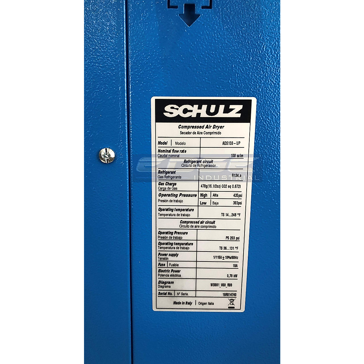 Schulz REFRIGERATED AIR Dryer for AIR Compressor, Compressed AIR Systems, 100 CFM, Good for 20HP & 25HP COMPRESSORS (Stand Alone Dryer)