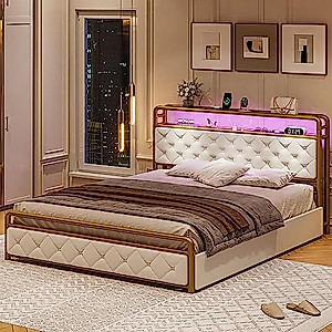 ADORNEVE LED Bed Frame Full with Storage Headboard,Full Size Platform Bed Frame with Charging Station,Bed Frame with Drawers,Velvet Tufted Headboard,Noise-Free,Creamy White & Gold