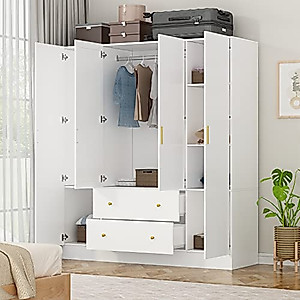 ECACAD Wardrobe Armoire with Mirror, 5-Tier Shelves, 2 Drawers, 2 Hanging Rods and 4 Doors, Wooden Closet Storage Cabinet for Bedroom, White (63”W x 19.7”D x 70.9”H)